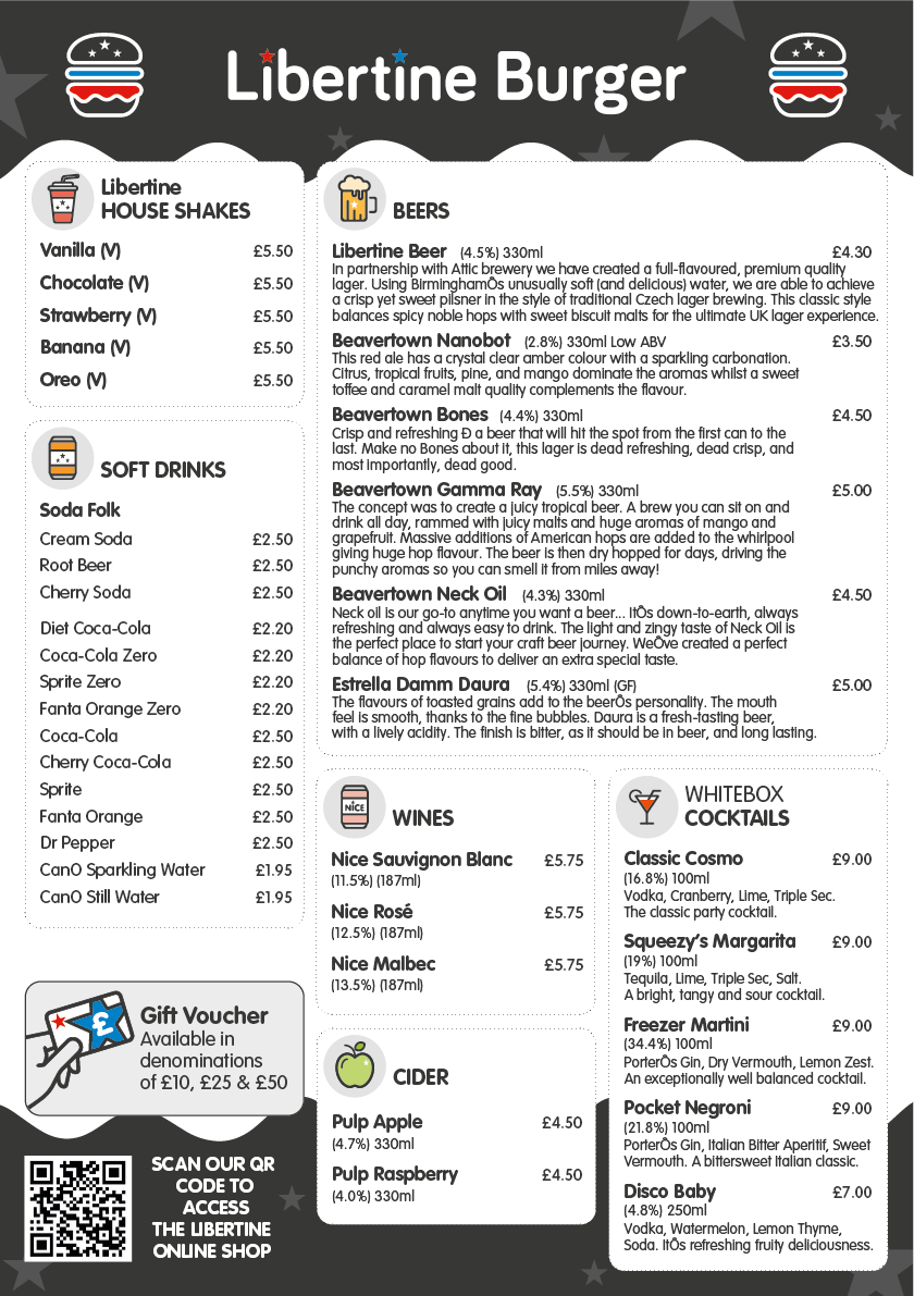 Libertine Burger Menu | Mains, Drinks + Specials
